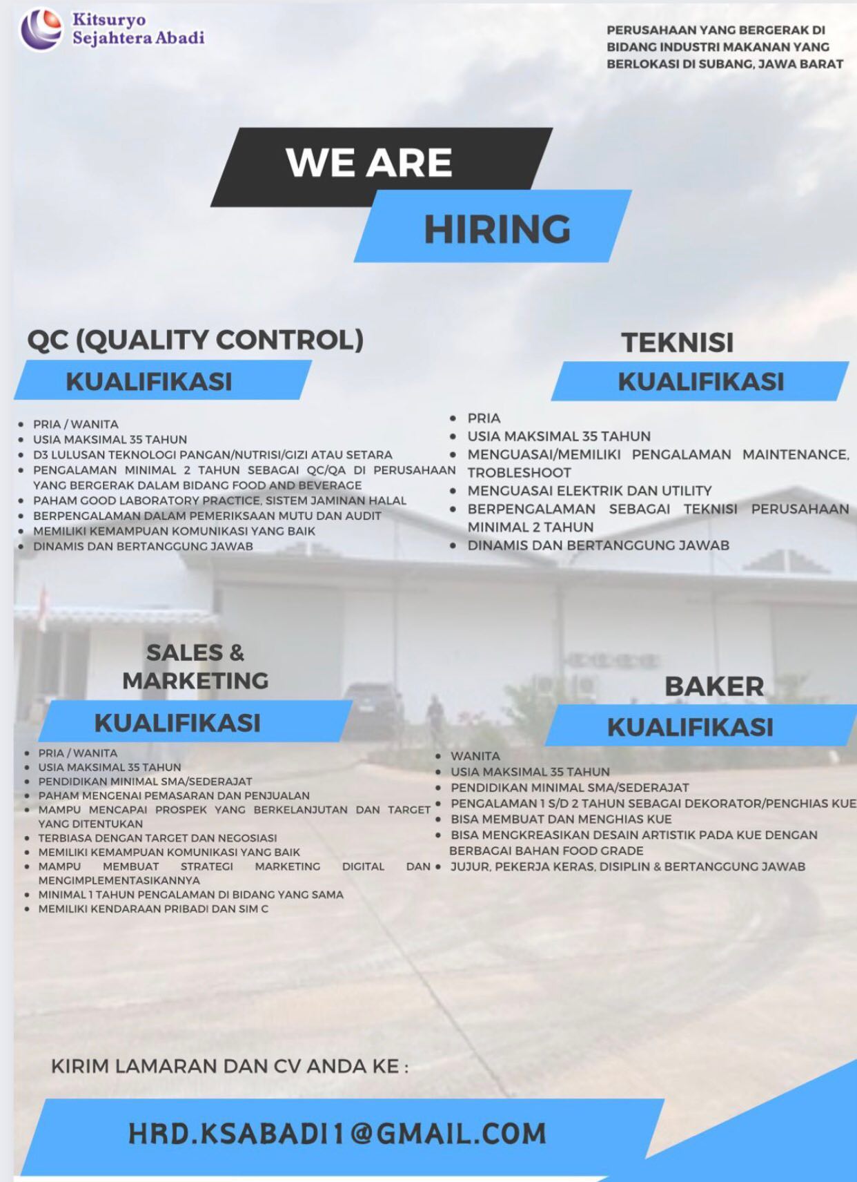 Lowongan Kerja Subang PT Kitsuryo Sejahtera Abadi Mei 2024 Terbaru - LOKER SUBANG ID