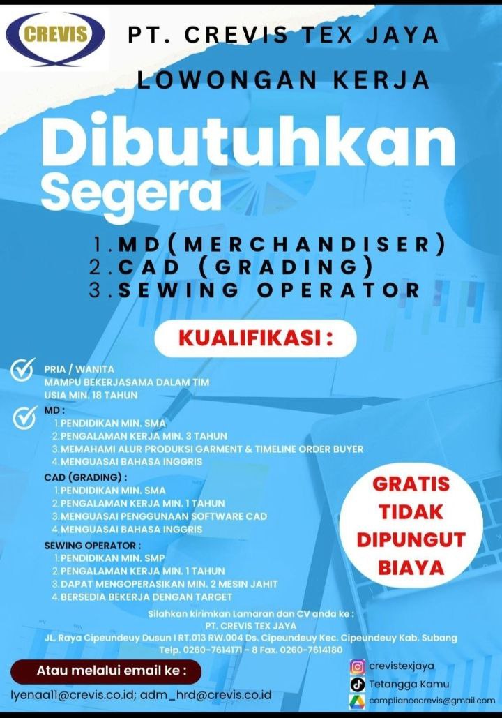 Lowongan Kerja Subang PT Crevis Tex jaya Subang April 2025 Terbaru - LOKER SUBANG ID