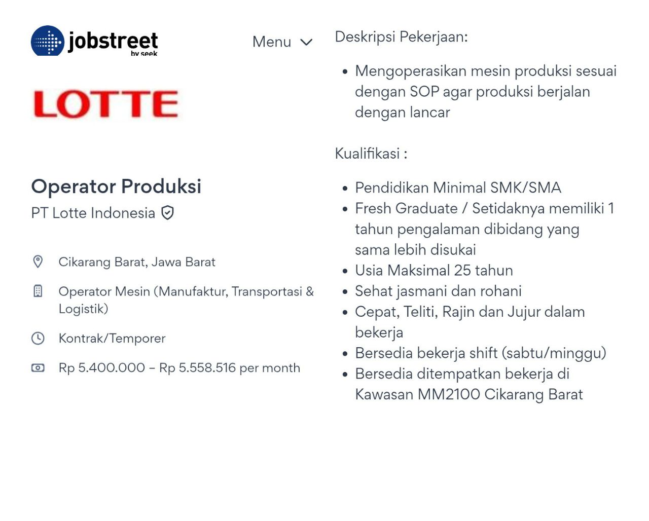 Lowongan Kerja Cikarang PT Lotte Indonesia Desember 2025 Terbaru ...