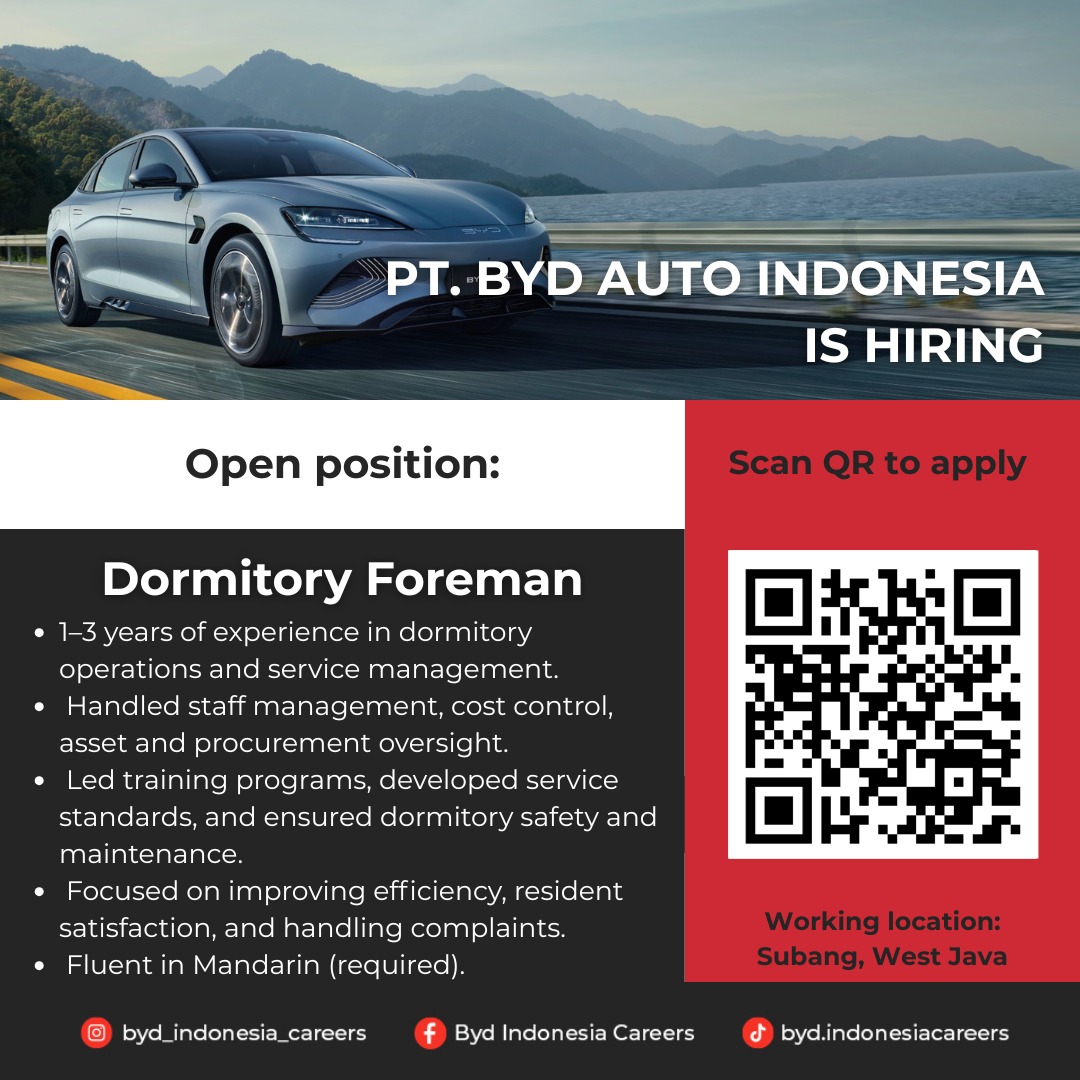 Lowongan Kerja Subang PT BYD Auto Indonesia Desember 2025 Terbaru ...