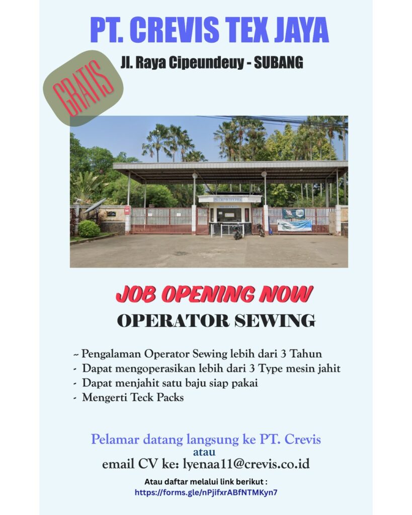 Lowongan Kerja Subang PT Crevis Tex jaya Subang September 2025 Terbaru ...