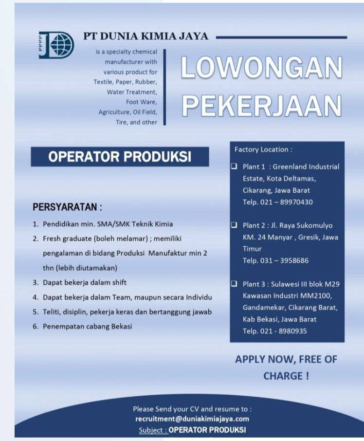 Lowongan Kerja Cikarang PT Dunia Kimia Jaya September 2025 Terbaru - LOKER SUBANG ID