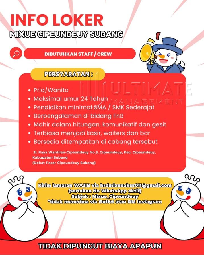 Lowongan Kerja Subang Mixue Cipendeuy Januari 2026 Terbaru - LOKER ...